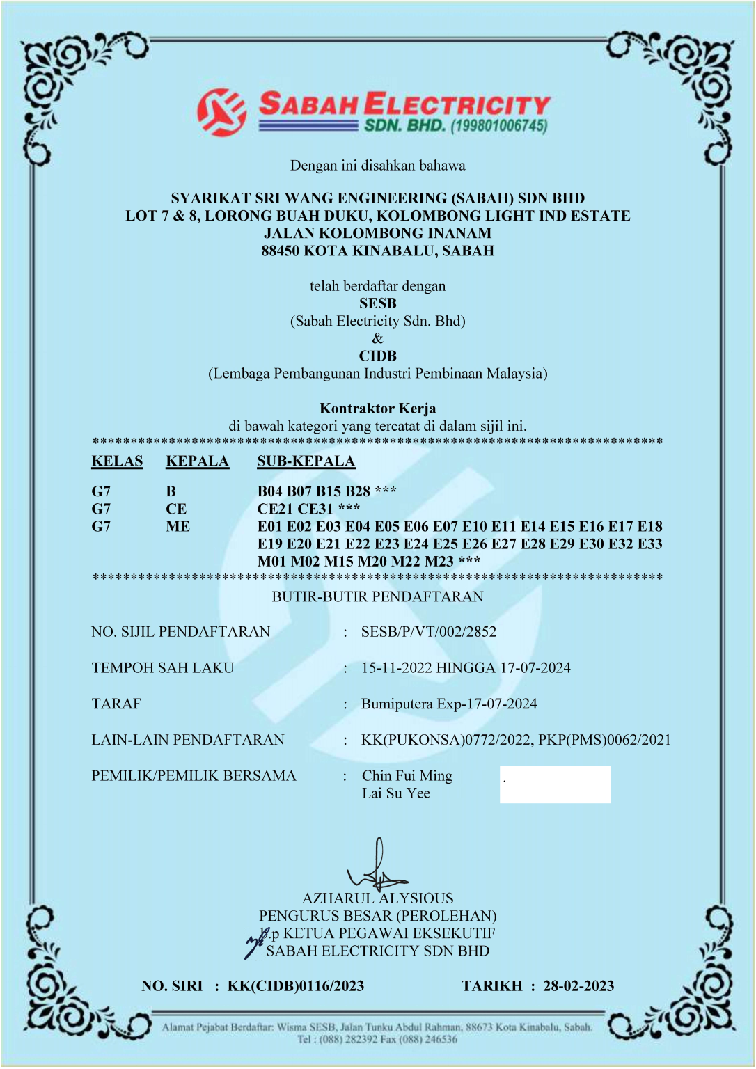 Licenses | Syarikat Sri Wang Engineering (Sabah) Sdn Bhd